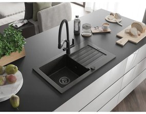 Mexen Pablo, granitový dřez 752x436x161 mm, 1-komorový a dřezová baterie Duo, černá-zlatá metalíza, 6510-75-671701-70-B