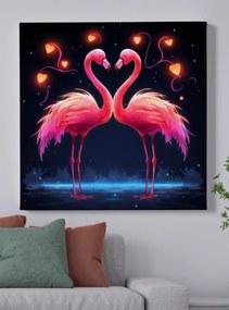 Obraz na plátně - Plameňáci, zamilovaný růžový pár se svítícími srdci FeelHappy.cz Velikost obrazu: 100 x 100 cm