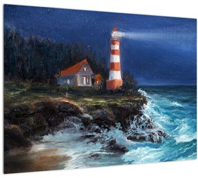 Skleněný obraz - Maják na břehu oceánu, aquarel (70x50 cm)