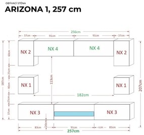 Ral Obývací stěna ARIZONA M, 257 cm - Černý lesk