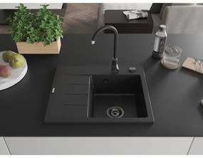 Mexen Ben, 1-komorový granitový dřez 600x500x190 mm, pravý + černý sifon, černá-stříbrná metalíza, 6523605000-73-B