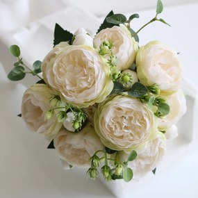 Umělá kytice pivoňek - 5 květů s poupaty (A) Barva: Bílá se zelenou
