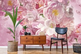 Malvis ® Tapeta růžové květy s motýly Vel. (šířka x výška): 432 x 290 cm
