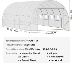 Walk-in tunelový skleník 5,9 × 2,95 × 1,98 m pozinkovaný rám PE kryt bílý