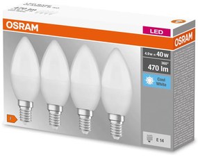 4 ks matná LED žárovka svíčka E14 4,9 W BASE studená bílá