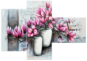 Gario Obraz s hodinami Růžové magnolie ve váze - 3 dílný Rozměry: 100 x 70 cm