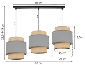 Závěsné svítidlo BOHO, 3x jutové/šedé textilní stínítko