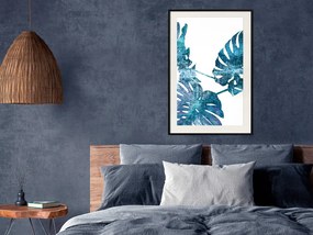 Plakát Smaragdová monstera - abstraktní modré listy na bílém pozadí