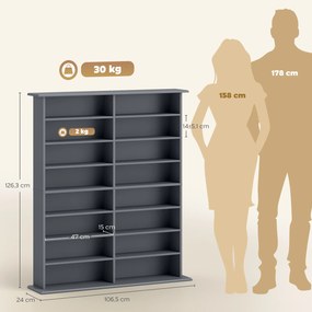 HOMCOM úložný prostor na CD a DVD s 16 přihrádkami a 12 nastavitelnými policemi, maximální kapacita 720 CD/396 DVD a Blu-ray, šedá