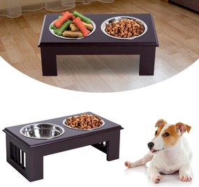 PawHut sada misek pro psy 2 nerezové misky na krmivo, zvýšená miska pro kočky, MDF, snadná údržba, káva, 44x24x15cm| Aosom