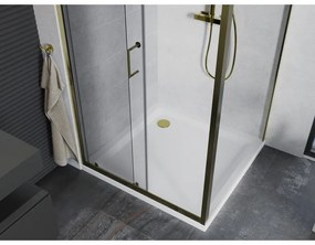 Mexen Apia sprchový kout s posuvnými dveřmi 90 (dveře) x 90 (stěna) cm, 5mm čiré sklo, zlatý profil + bílá sprchová vanička SLIM, 840-090-090-50-00-4010G