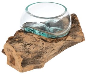 Foukaná skleněná miska na teakovém dřevě, 10 cm