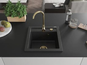 Mexen Vito, granitový dřez 520x490x210 mm, 1-komorový, černá-stříbrná metalíza se zlatým sifonem, 6503521000-73-G