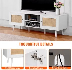 Ratanový TV stojan pro 165,1 cm TV Boho TV stojan s vestavěnou zásuvkou bílá
