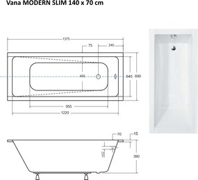 Besco Modern Slim obdélníková vana 140 x 70 cm akrylát bílá VANMOD14SLIM