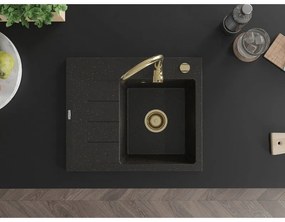 Mexen Ben, 1-komorový granitový dřez 600x500x190 mm, pravý + zlatý sifon, černá-zlatá metalíza, 6523605000-75-G