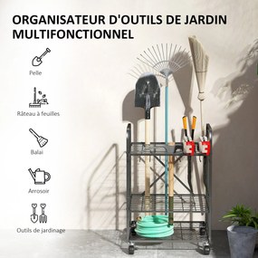 Organizér na zahradní nářadí Outsunny s 9 háčky, držák na 40 nástrojů, kovový regál na kolečkách do garáže pro nůžky, lopaty, hrábě, černý