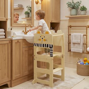 AIYAPLAY učící věž 3v1 skládací — přeměnitelná na stolík a židli, s tabulí, motiv kočky, přírodní