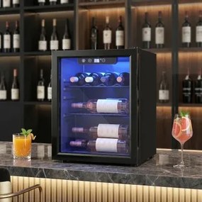 HOMCOM Chladnička na víno pro 16 lahví, kapacita 48 l, 4–16 °C, vestavná chladnička na nápoje a pivo, se skleněnými dveřmi, LED osvětlení