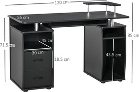 HOMCOM Moderní Počítačový Stůl, Kancelářský Stůl ze Dřeva s Šuplíky, Vysunovací Policí a Zásuvkou na Klávesnici, 120x55x85cm, Černý
