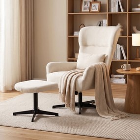 HOMCOM 360° otočné lounge křeslo s podnožkou, výškově nastavitelné, potah z chenille, s bederním polštářem, krémově bílé 83F-010V00CW