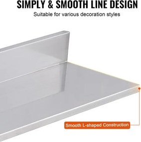 21,8 × 76,2 cm police z nerezové oceli, nástěnná plovoucí police s backsplash