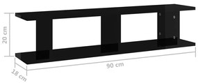 Nástěnné police 2 ks černé vysoký lesk 90x18x20 cm dřevotříska - Default Title