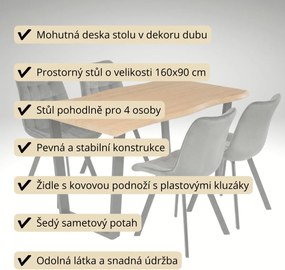 Vikio Jídelní set pro 4 osoby 160x90 cm dub noha U šedá židle VJS156-4S-S