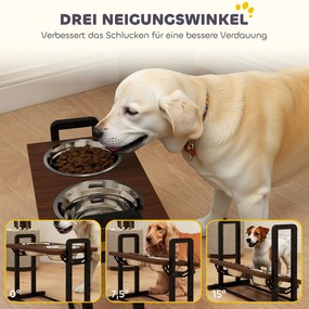 Zvýšená miska pro psy 4 výškově nastavitelné misky na krmivo se stojanem, 2 x 1,2 litru nerezové misky, 3 nastavitelné úhly, hnědá barva