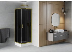 Mexen Rio, čtvercový sprchový kout s posuvnými dveřmi 70 (dveře) x 70 (dveře) x 190 cm, 5mm šedé sklo, zlatý profil + bílá sprchová vanička RIO, 860-070-070-50-40-4510