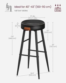 Sada 2 barových židlí, černá koženka, kovové nohy, 51,6x76cm