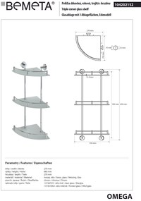 Bemeta Design OMEGA: Polička, rohová, trojitá, sklo -