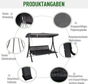 Outsunny Hollywoodská houpačka pro 3 osoby, houpací lavice s nastavitelnou stříškou, zahradní houpačka s polštáři, max. nosnost 270 kg| Aosom