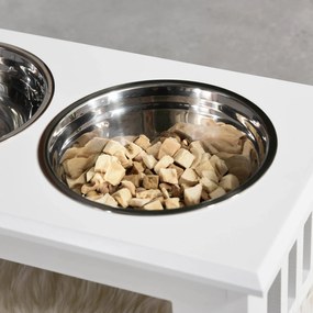 PawHut Zvýšená miska pro psy Miska na krmivo s nerezovými miskami 58,4x30,5x25,4cm MDF Protiskluzová Snadná údržba Bílá pro psy | Aosom.de