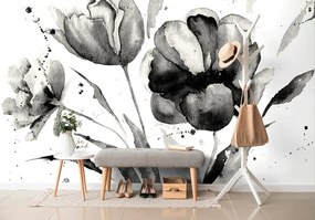Samolepící tapeta černobílé tulipány v zajímavém provedení - 225x150 cm
