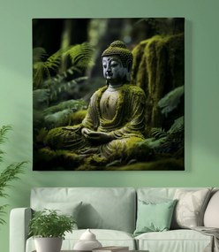 Obraz na plátně - Mechová buddhova socha v lese FeelHappy.cz Velikost obrazu: 120 x 120 cm