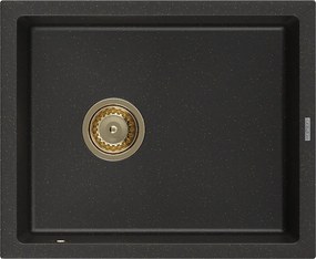 Mexen Pedro, granitový dřez 560x460x200 mm, 1-komorový, černá-zlatá metalíza se zlatým sifonem, 6508561000-75-G