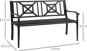 Outsunny Dvou místná zahradní lavice z oceli s područkami a dekorativním opěradlem pro terasu, balkon, patio, nosnost 240 kg, 128x62,5x81,5 cm, černá