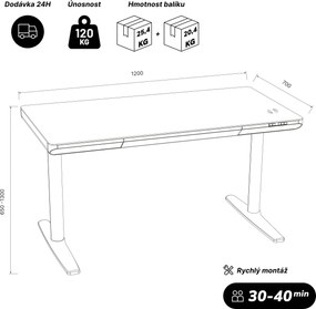Elektrický psací stůl sit-stand se zásuvkou a bezdrátovou nabíječkou Qi černý, 1200 mm: ELLIS