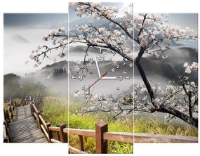 Gario Obraz s hodinami Kvetoucí višeň - 3 dílný Rozměry: 90 x 70 cm