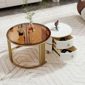 Aosom Kulatý konferenční stolek set, 70x70 cm & 50x50 cm, kulatý stolek se zásuvkami, bílá + hnědá
