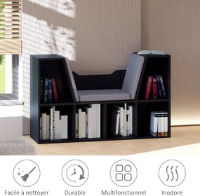 HOMCOM Dvoudílná knihovna s moderním designem a lavičkou, 6 přihrádek a 3 polštáře, 102D x 30Š x 61V cm, Černá Šedá