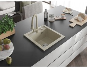 Mexen Vito, 1-komorový granitový dřez 490x520x210 mm a dřezová baterie Elia, béžová, 6503-69-670101-69