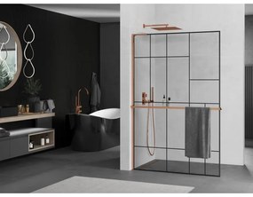 Mexen Kioto+ L, sprchová zástěna Walk-In s poličkou a věšákem 100 x 200 cm, 8mm čiré sklo černý vzor, ​​růžové zlato profil, 800-100-123-60-78
