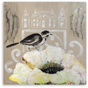 Obraz na plátně Květiny Pták Pastelová béžová - 60x60 cm