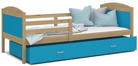 Dětská postel MATYAS P 80x160 cm s borovicovou konstrukcí v modré barvě se šuplíkem.