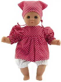 Česká výroba Panenka miminko holčička 30 cm měkké tělíčko červené šatičky s bílým puntíkem + šátek