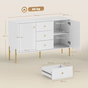 HOMCOM Moderní sideboard, nábytek do kávového koutku se 3 tichými zásuvkami, 2 nastavitelné police, 5 kovových nohou, bílé