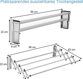 Costway Nástěnný věšák na prádlo, výsuvný nástěnný sušák z nerezové oceli s 8