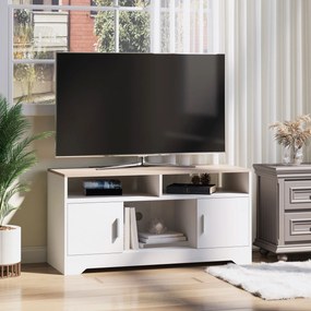 HOMCOM TV Skříňka pro Obývací Pokoj s Velkým Úložným Prostorem, Otevřené Police, Správa Kabelů, Klasický Design 105x40x52 cm Bílá